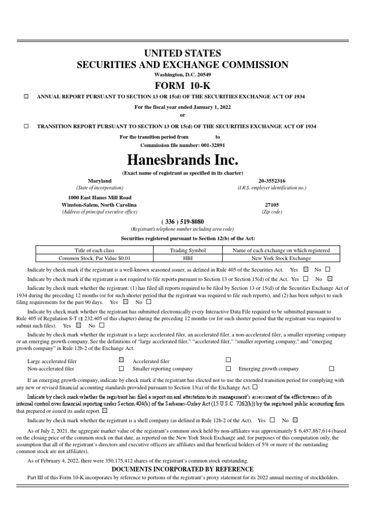 Hanesbrands Inc Form 10 K (Feb 16 2022) | PDF | Trademark | Economies
