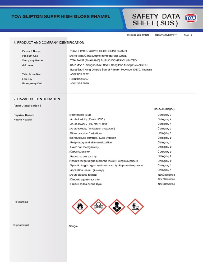 Sds Toa Glipton High Gloss Enamel 2019 en | PDF | Toxicity | Dangerous ...