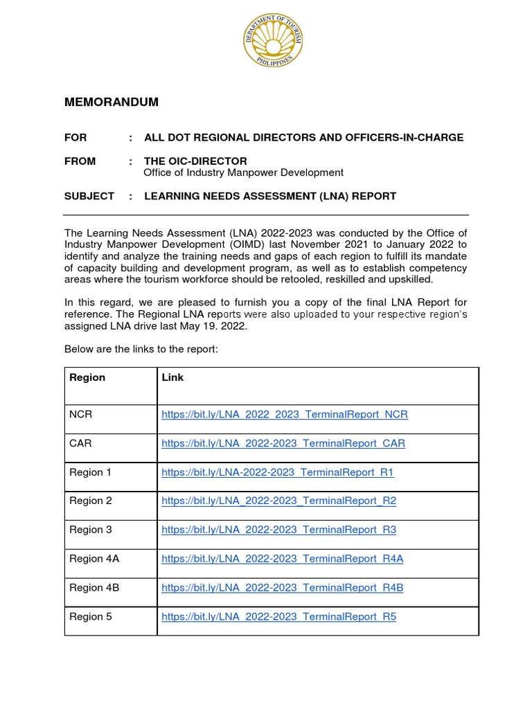 Memo For Regional Offices - LNA Report | PDF