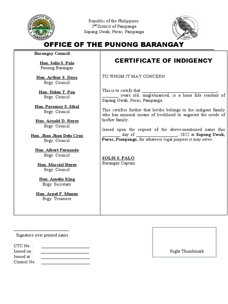 Brgy. Cert of Indigency | PDF