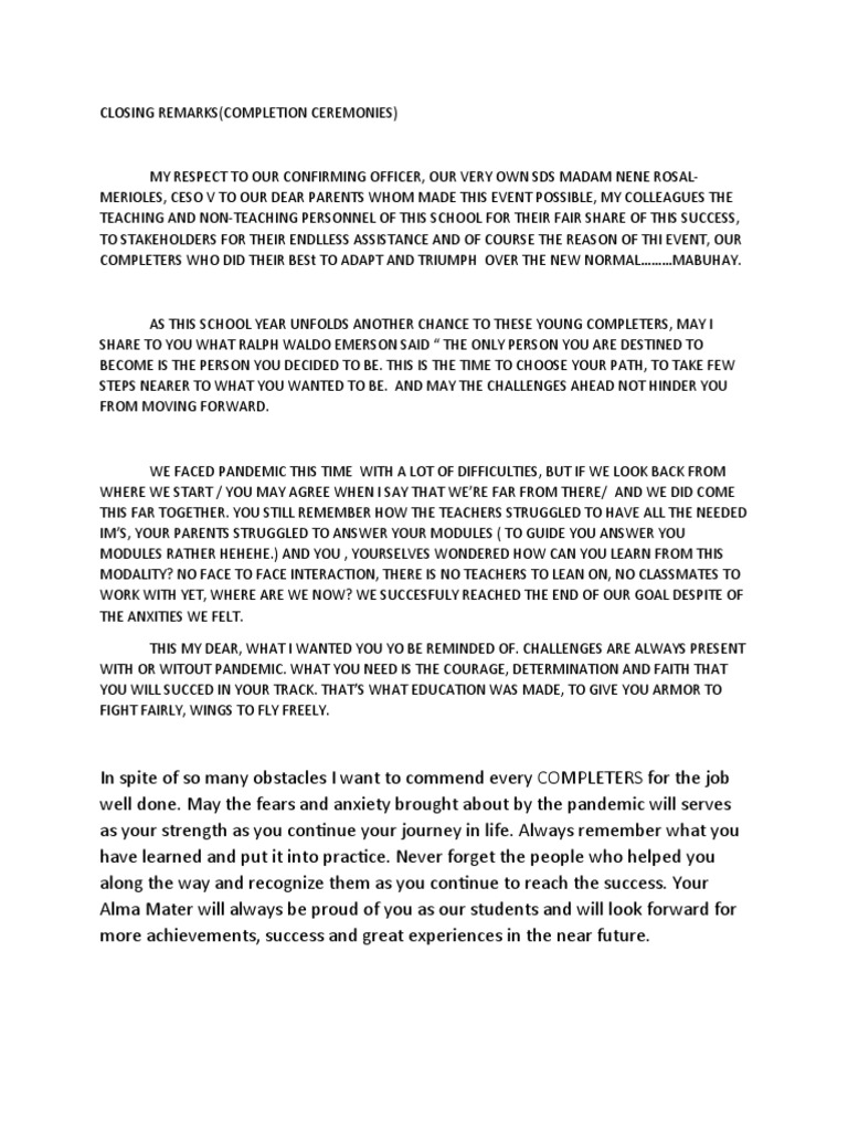 Closing Remarks for Completion Ceremonies | PDF