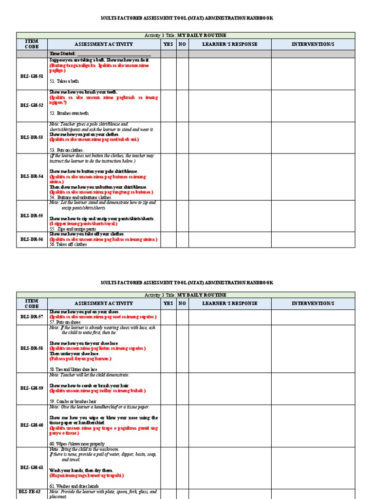 MFAT Daily Routine Assessment Guide | PDF | Clothing | Softlines (Retail)