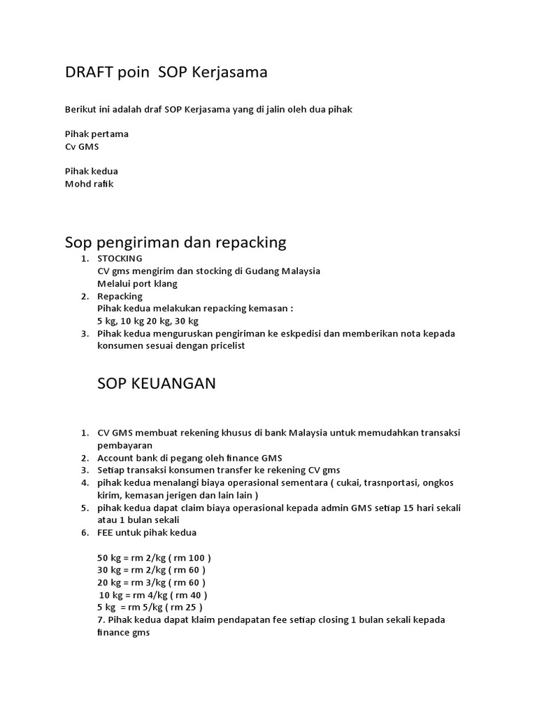 DRAFT Poin SOP Kerjasama | PDF | Pengelolaan Keuangan & Uang | Teknologi & Rekayasa