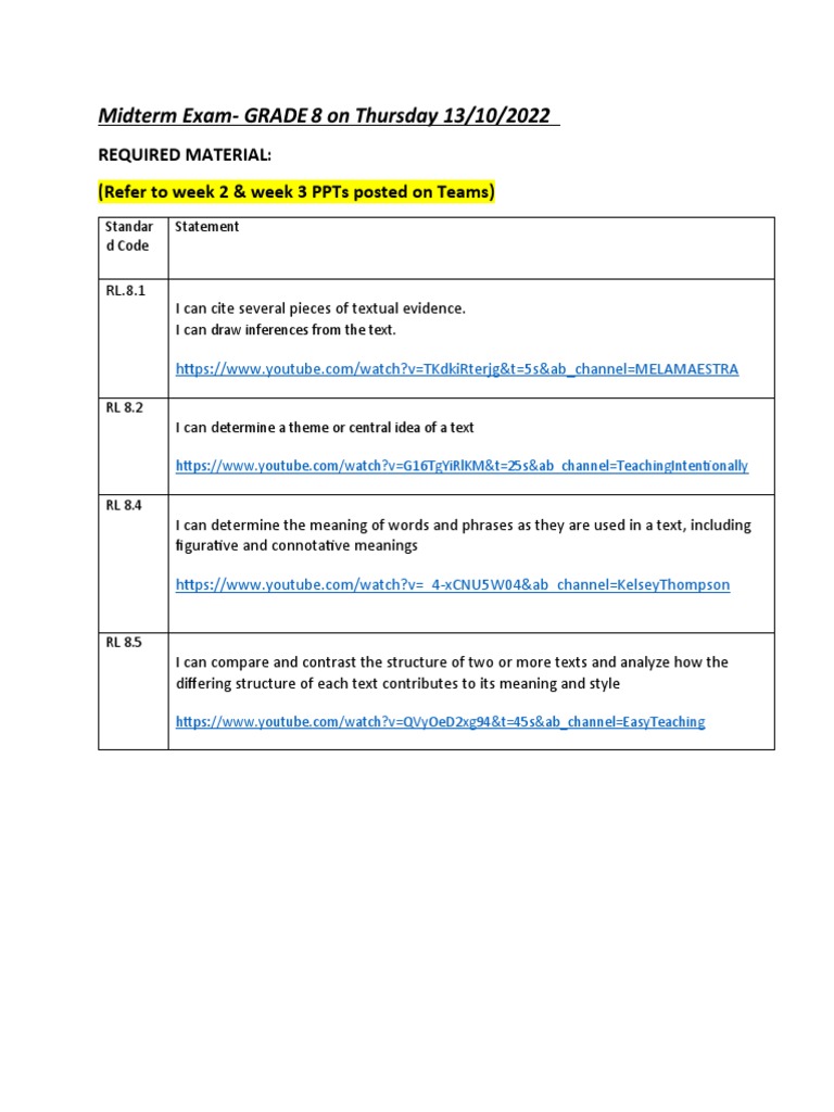 Grade 8 Midterm Exam Required Material-Term 1 | PDF