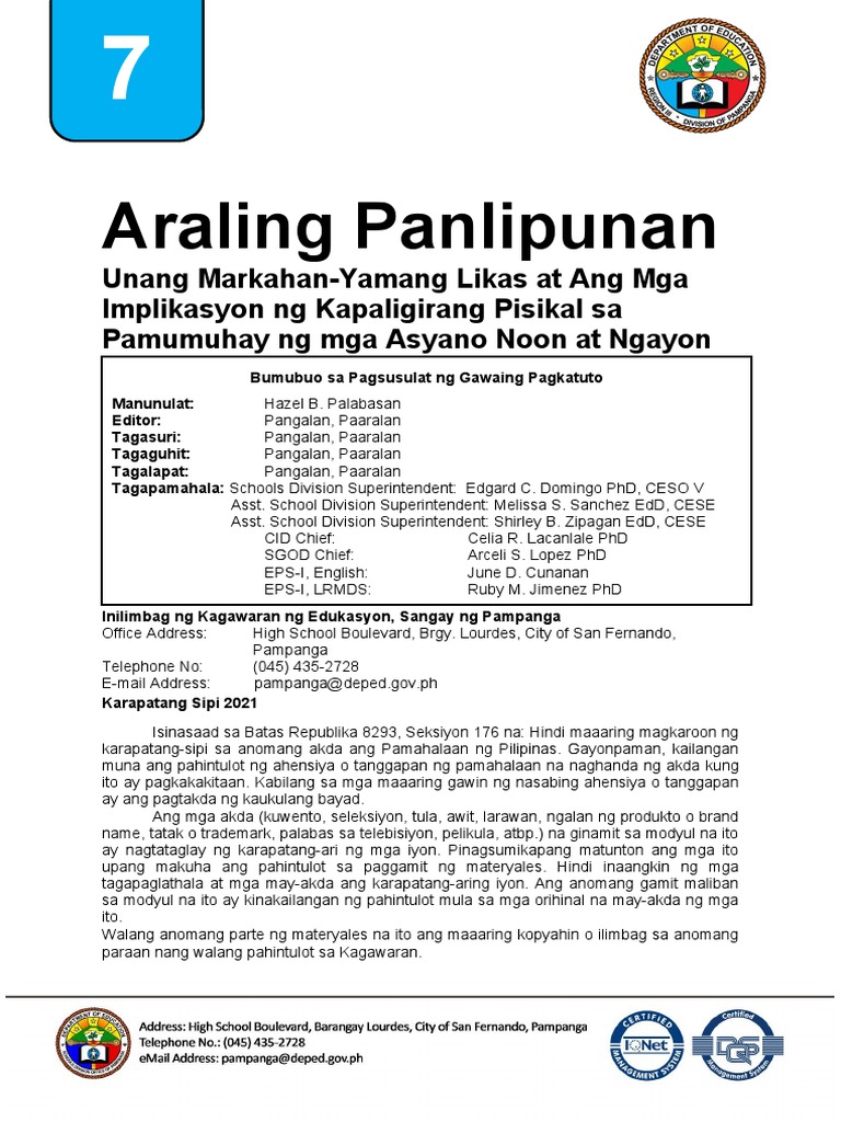 Ap7 Las5 Yamang Likas At Ang Mga Implikasyon Ng Kapaligirang Pisikal Sa Pamumuhay Ng Mga