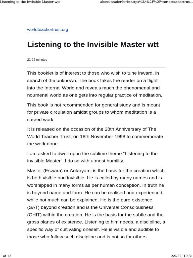 Listening To The Invisible Master WTT | PDF | Experience | Mind