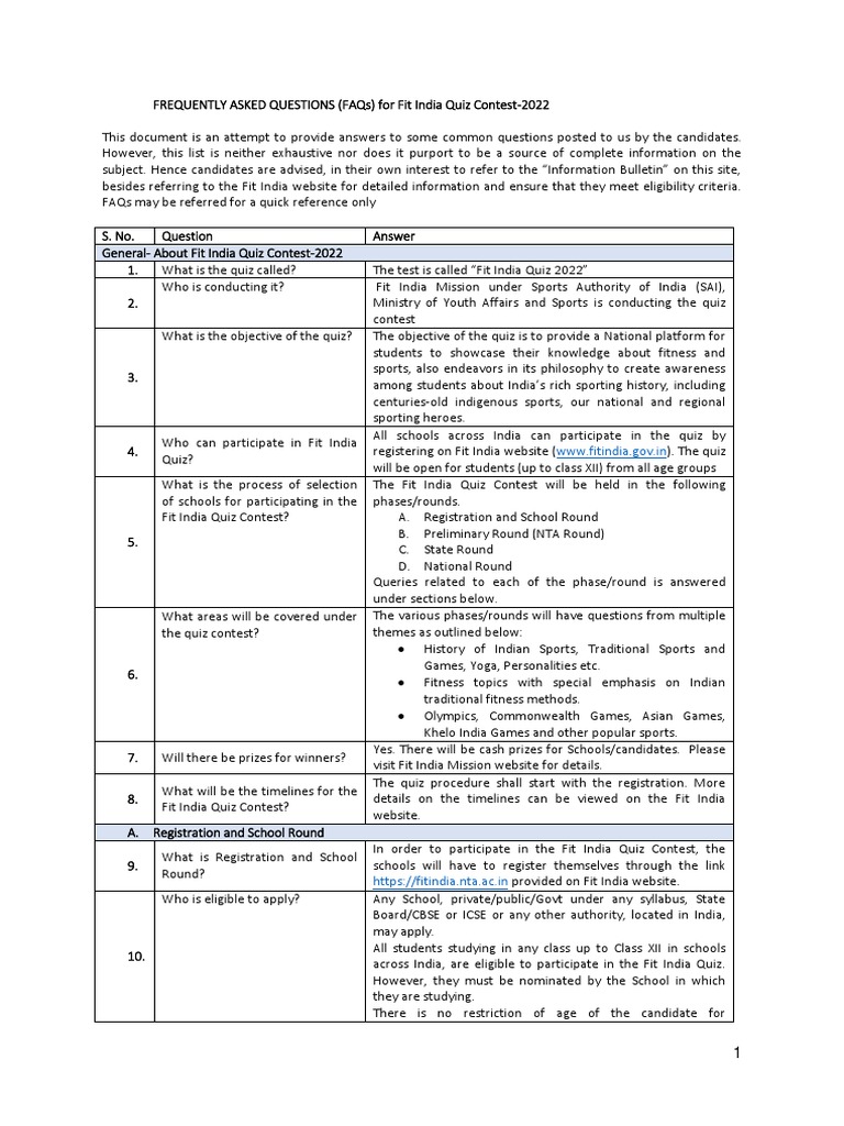 FREQUENTLY ASKED QUESTIONS - Vetted by Fit India Quiz | PDF | Identity ...