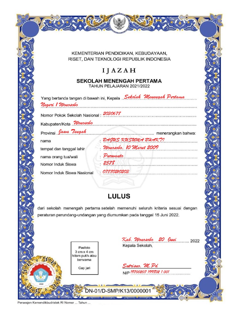 Contoh Pengisian Blanko Ijazah | PDF