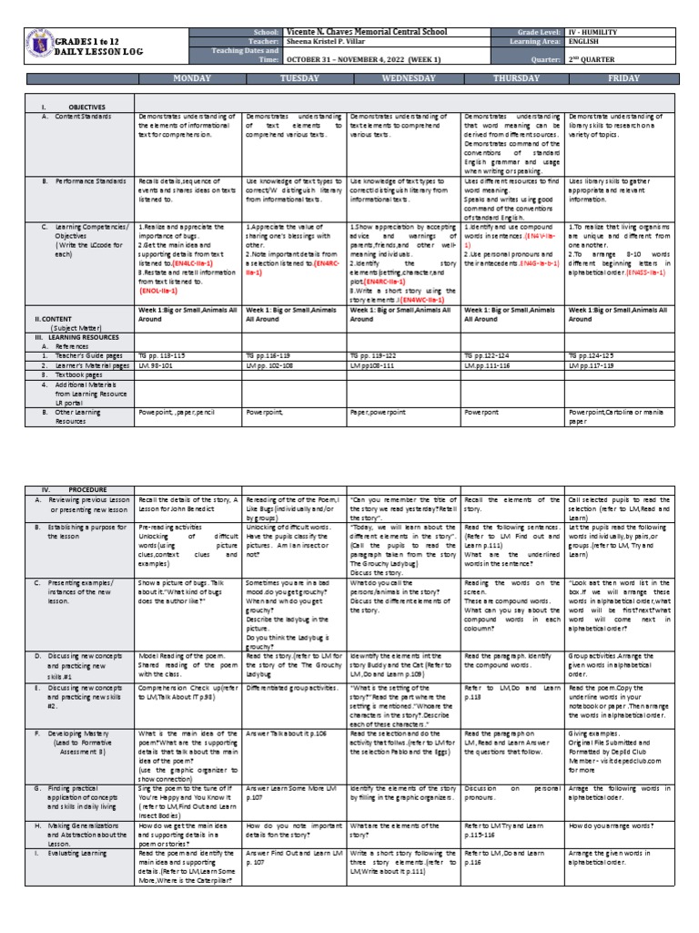 DLL - English 4 - Q2 - W1 | PDF | Reading Comprehension | Word DLL - English 4 - Q2 - W1 | PDF | Reading Comprehension | Word