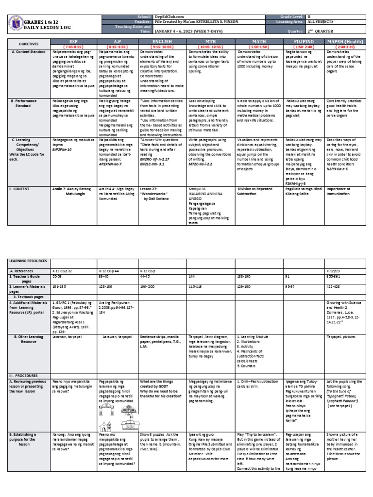 DLL All Subjects 2 q2 w7 d4 | PDF | Cognitive Science