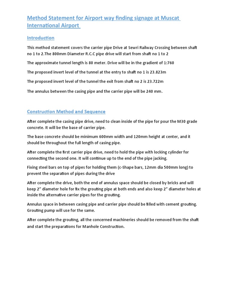 Method Statement | Download Free PDF | Pipe (Fluid Conveyance) | Tunnel