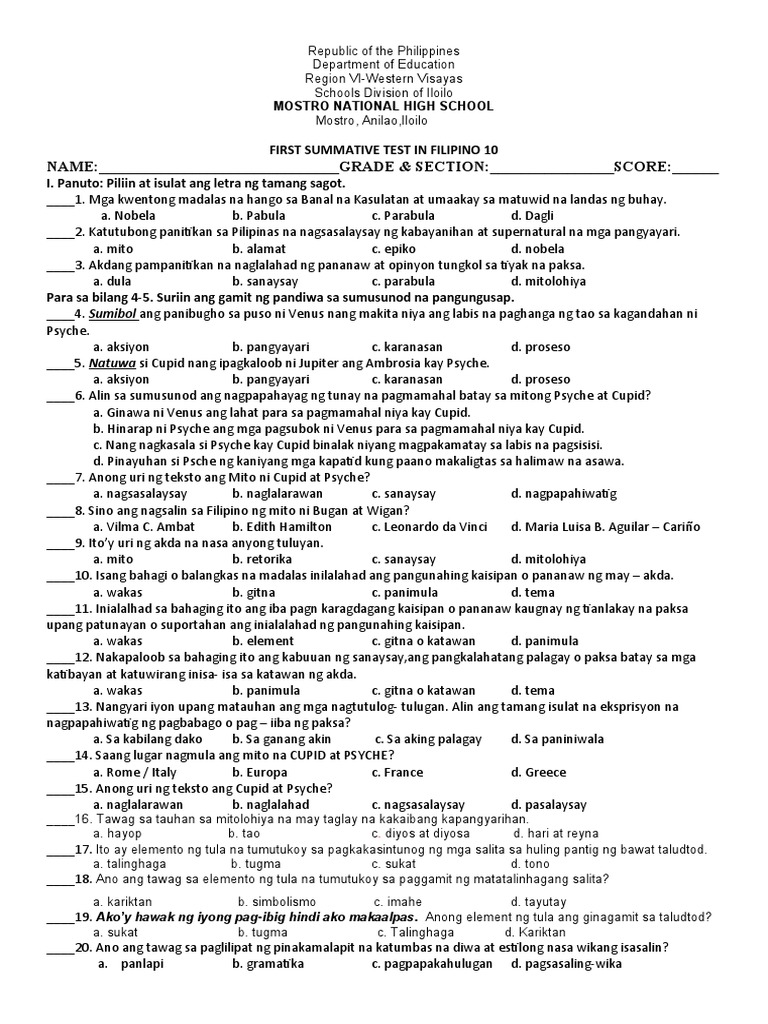 Summative Test Fil10 2020 | PDF