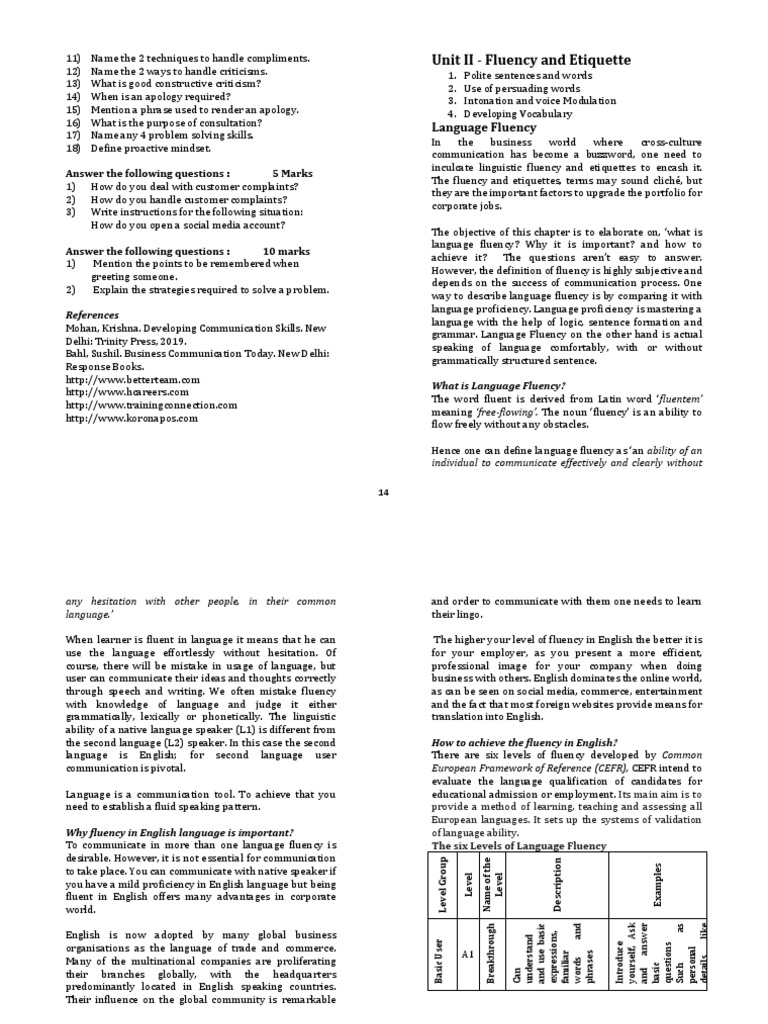 UNIT - 2 - Fluency and Etiquettes | PDF | Fluency | Etiquette