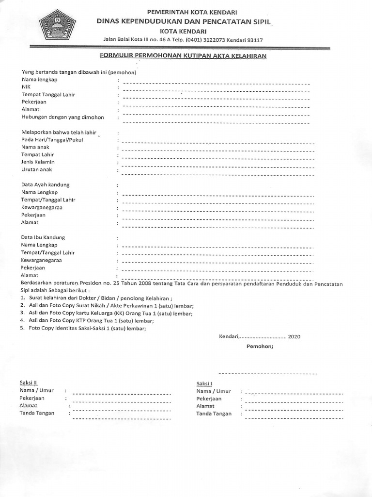 Formulir Permohonan Kutipan Akta Kelahiran | PDF