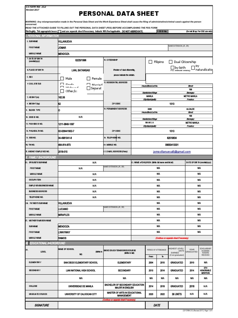 CS Form No. 212 Personal Data Sheet Revised | PDF | Justice | Crime ...