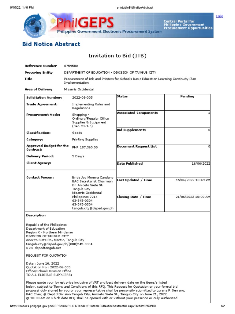 ITB - Procurement of Ink and Printers For Schools Basic Education Learning Continuity Plan ...