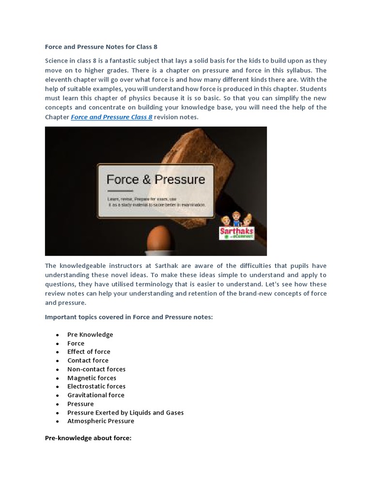 Class 8 Force and Pressure Notes | PDF | Force | Pressure