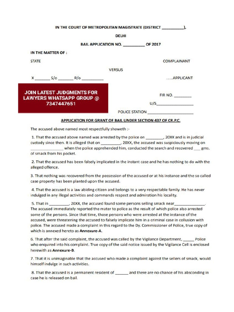 Format of Bail Application Under Section 437 of Cr.p.c. | PDF Format of Bail Application Under Section 437 of Cr.p.c. | PDF