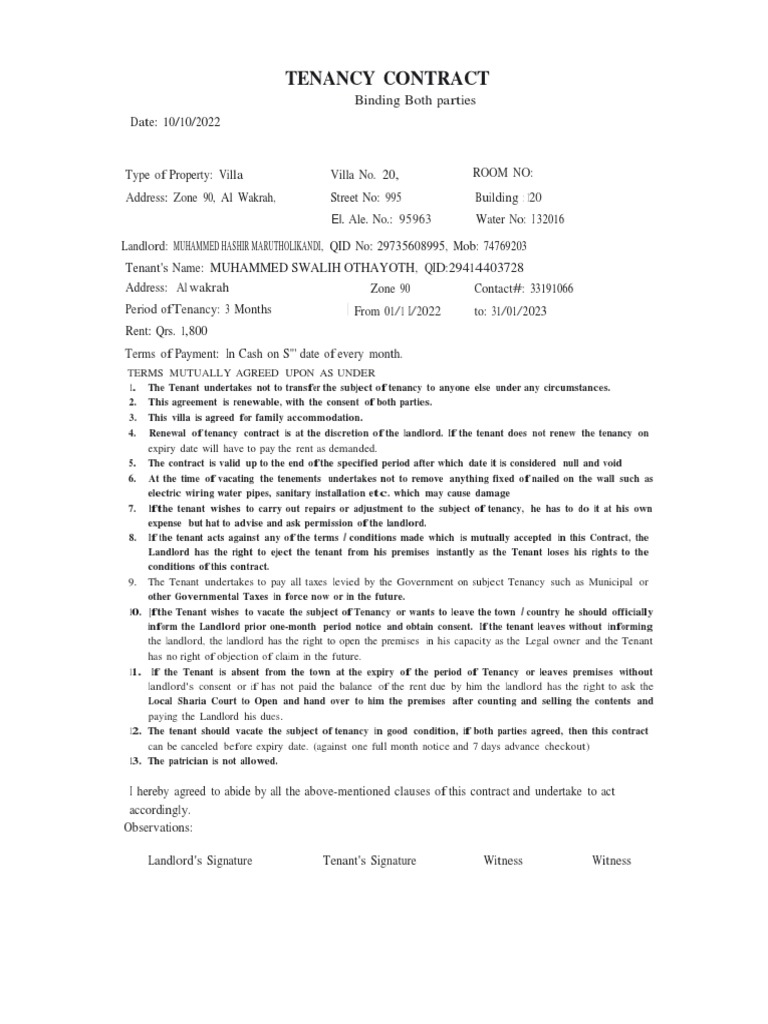 Tenancy Contract - 1 | PDF | Leasehold Estate | Landlord