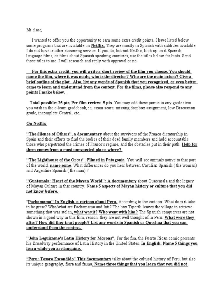 Spanish Film Extra Credit Assignment | PDF