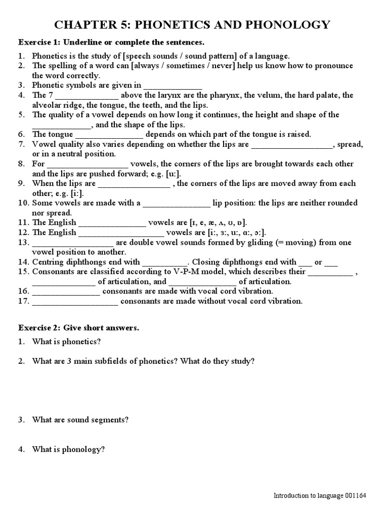 Chapter 5 Phonetics and Phonology (No Key) | PDF | Vowel | Phonetics
