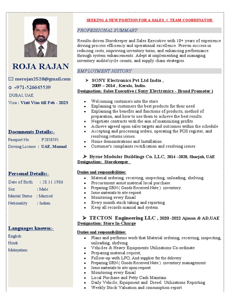 Team Coordinator CV (Roja Rajan) | PDF | Inventory | Sales