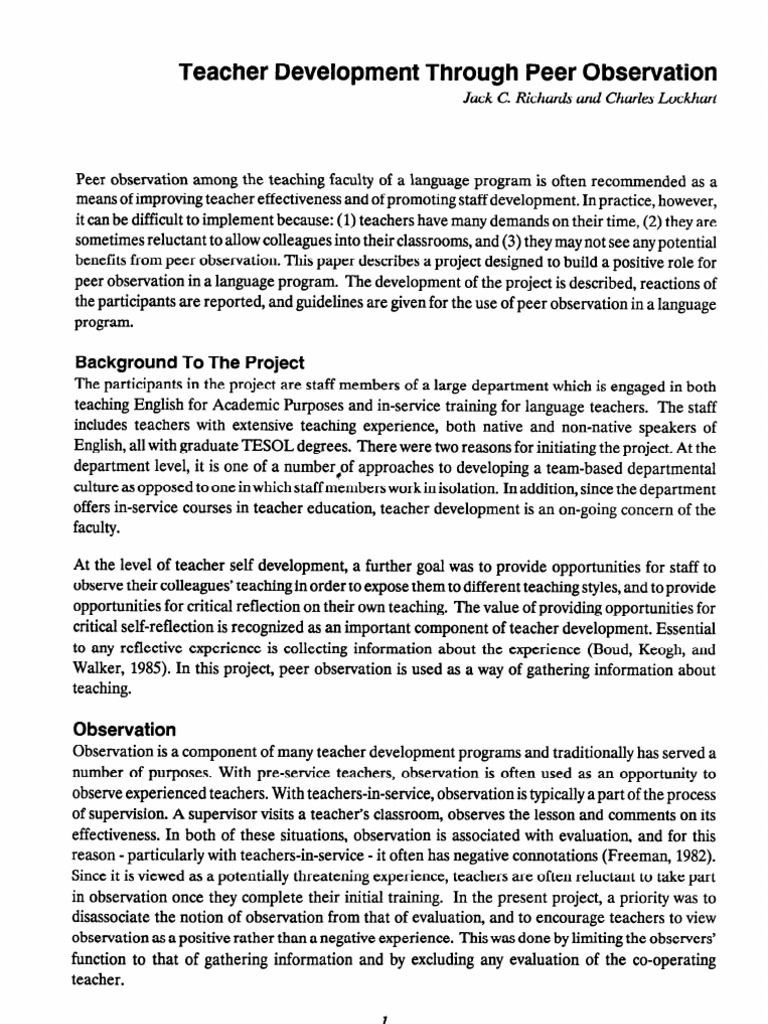 Enhancing Teacher Development via Peer Observation | PDF | Teachers ...