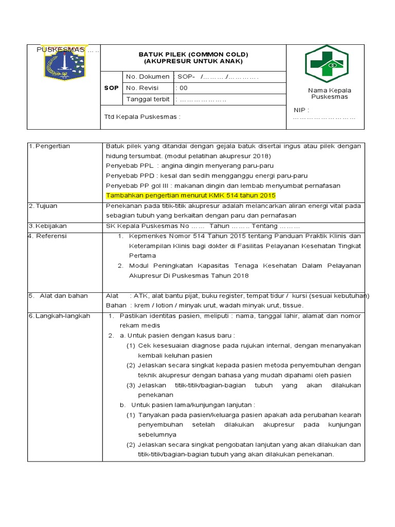 REV 2019 SOP AKUPRESUR Batuk Pilek (Common Cold) Docx | PDF