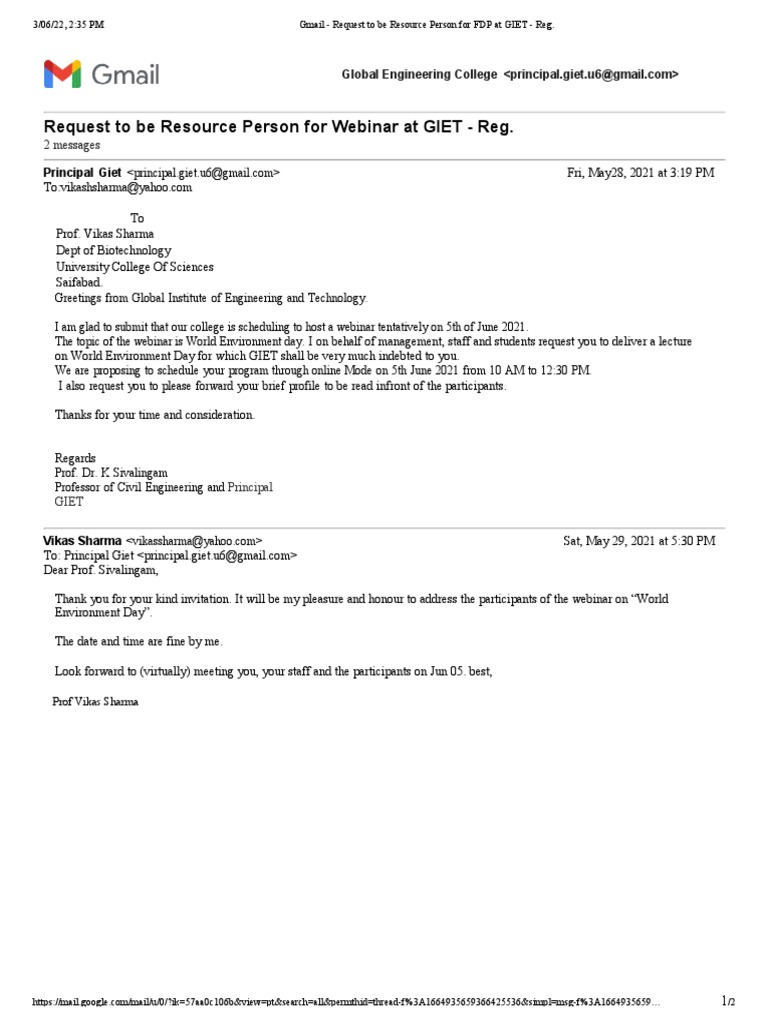 Gmail - Request To Be Resource Person For FDP at GIET - Reg | PDF