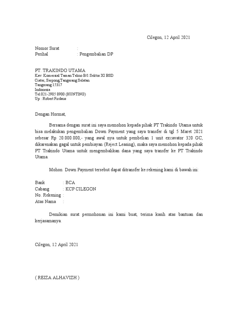 Surat Pengembalian DP | PDF