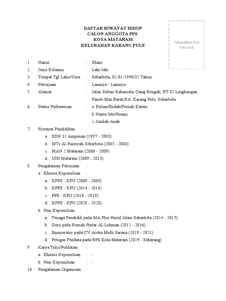 Contoh Daftar Riwayat Hidup Untuk Melamar Pekerjaaan | PDF