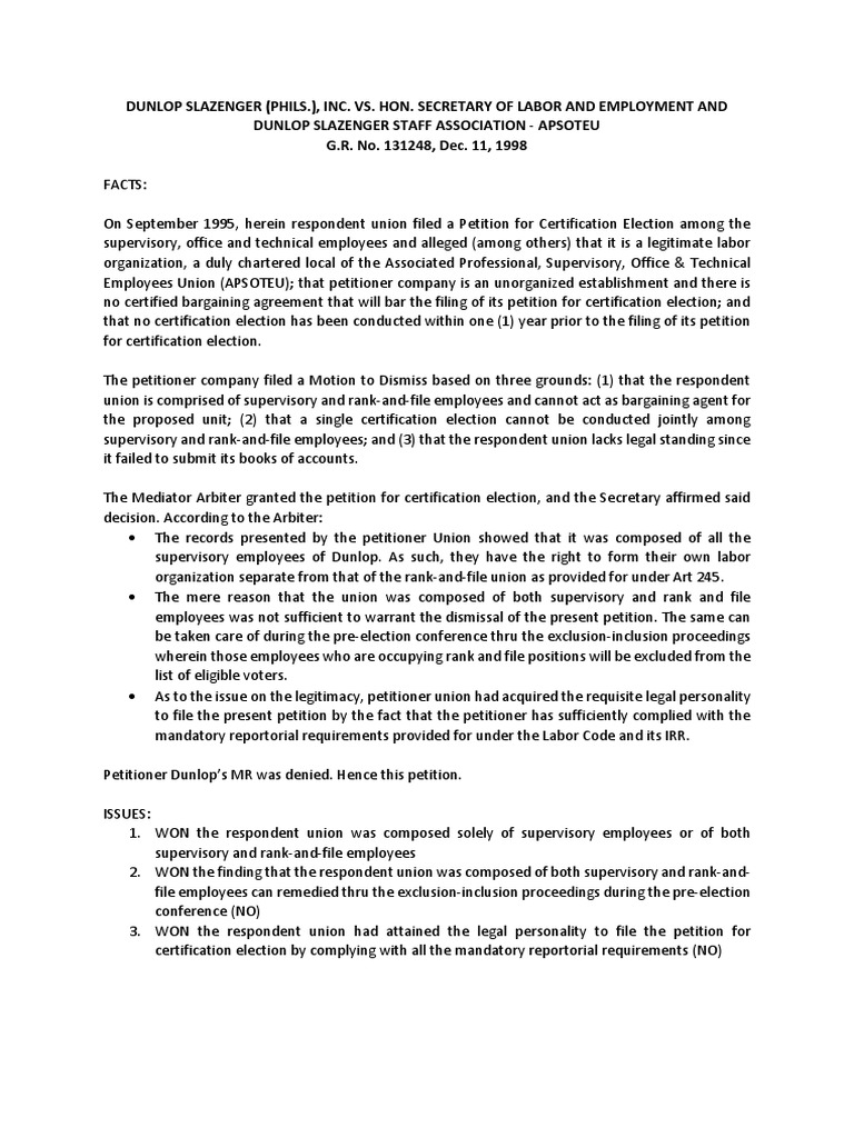 DUNLOP Slazenger vs. Sec. of Labor - DIG | PDF | Employment | Trade Union