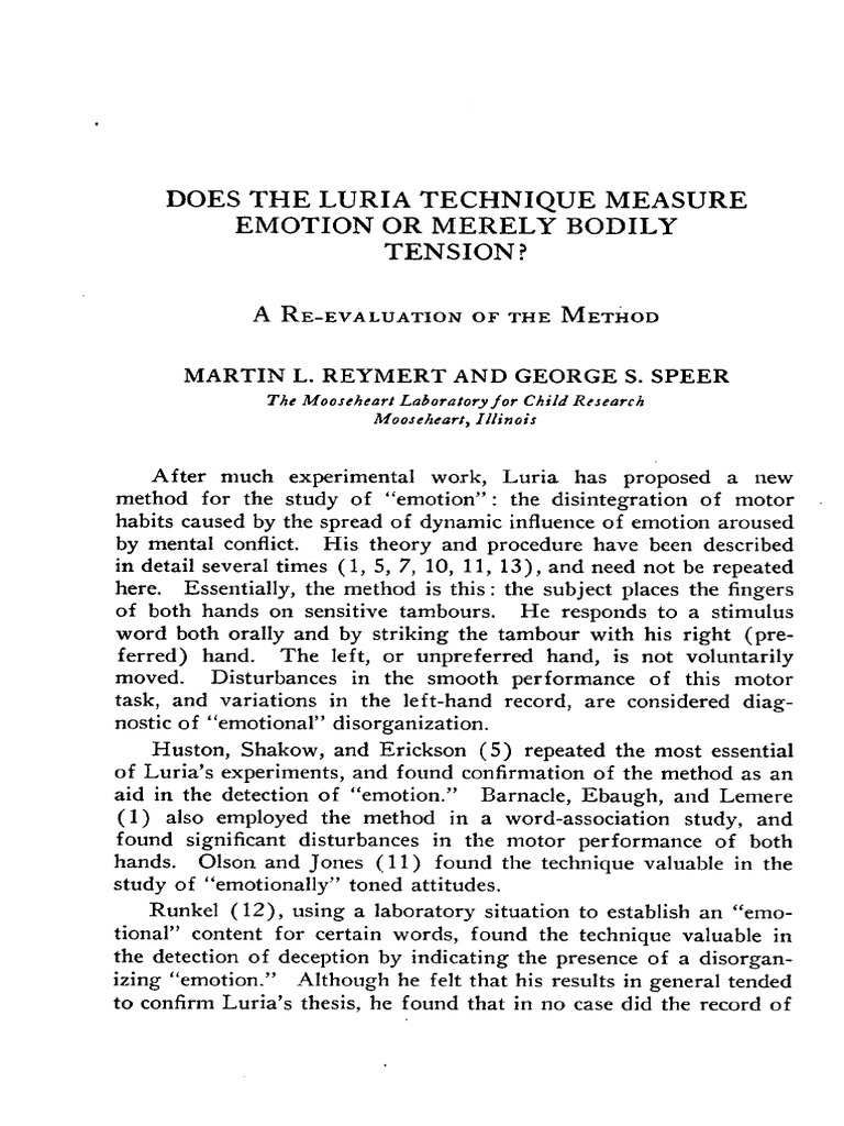 Does The Luria Technique Measure Emotion or Merely Bodily Tension? | PDF
