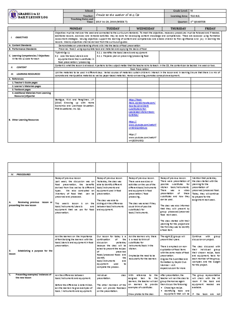 DLL - Tle-H.e. 6 - Q1 - W7 | PDF | Teaching Method | Teachers