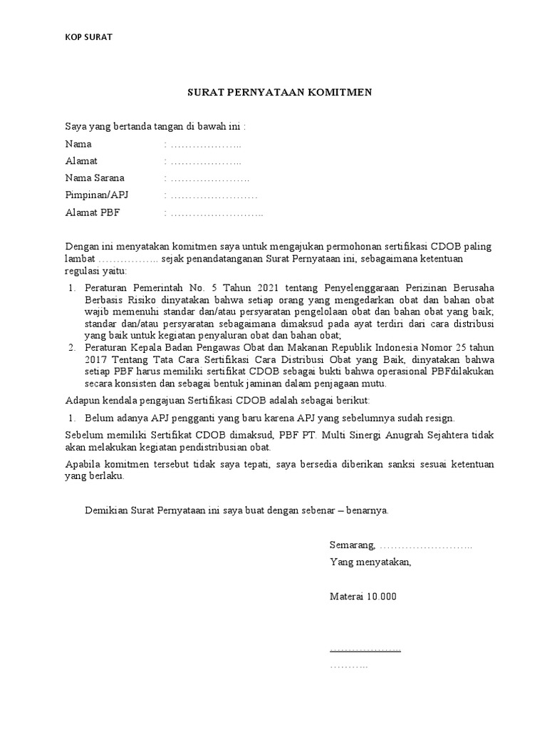 Surat Pernyataan Komitmen Bpom | PDF