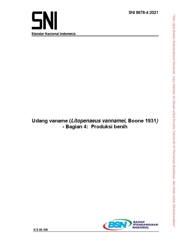 SNI 8678-4-2021 Vaname Produksi Benih - Komtek | PDF