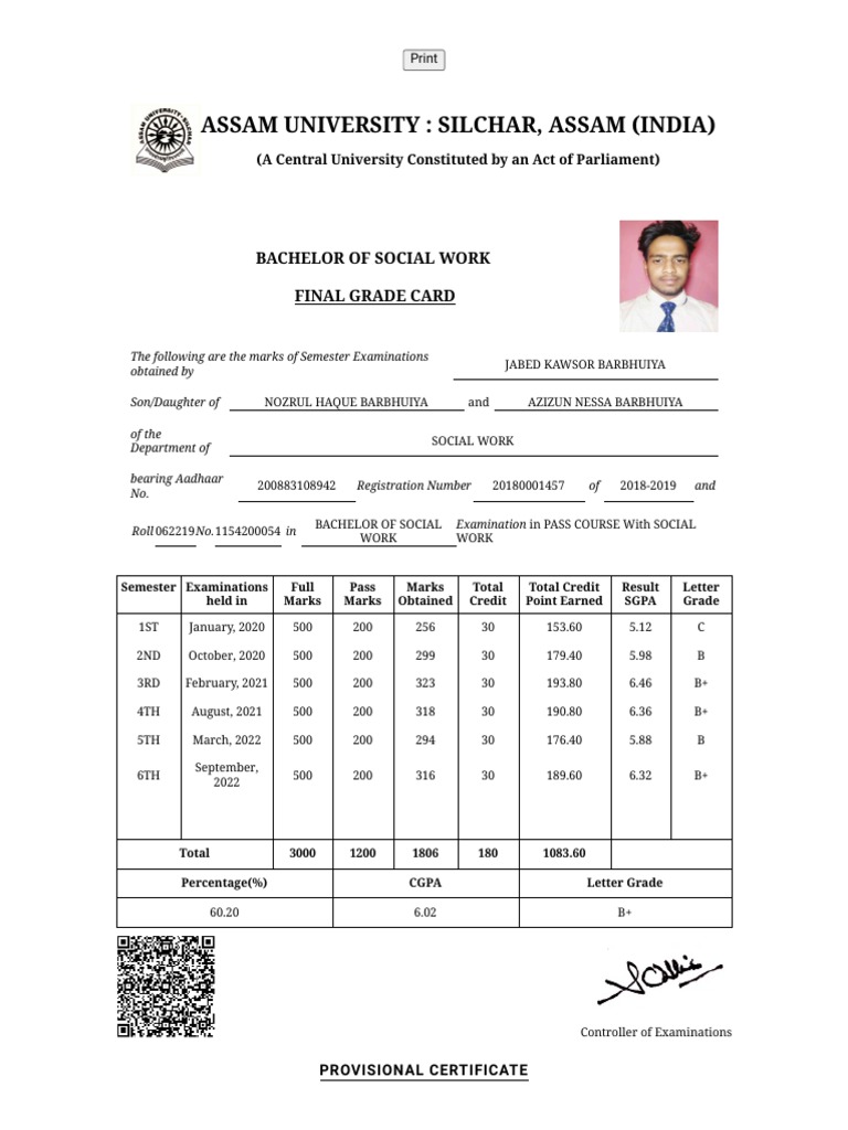 Final Marksheet BSW | PDF | Bachelor's Degree | Educational Stages