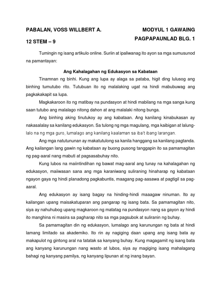 Gawaing Pagpapaunlad 1 - Pabalan, Voss Willbert A. - 12 Stem 9 | PDF