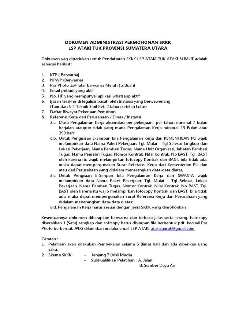 DOK ADMINISTRASI SKK TUK ATAKI SUMUT1 - Rev | PDF