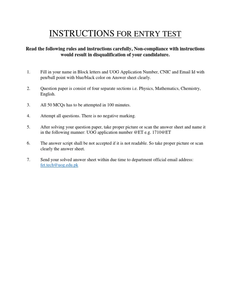 UOG Engineering Entry Test Instructions | PDF | Force | Capacitor