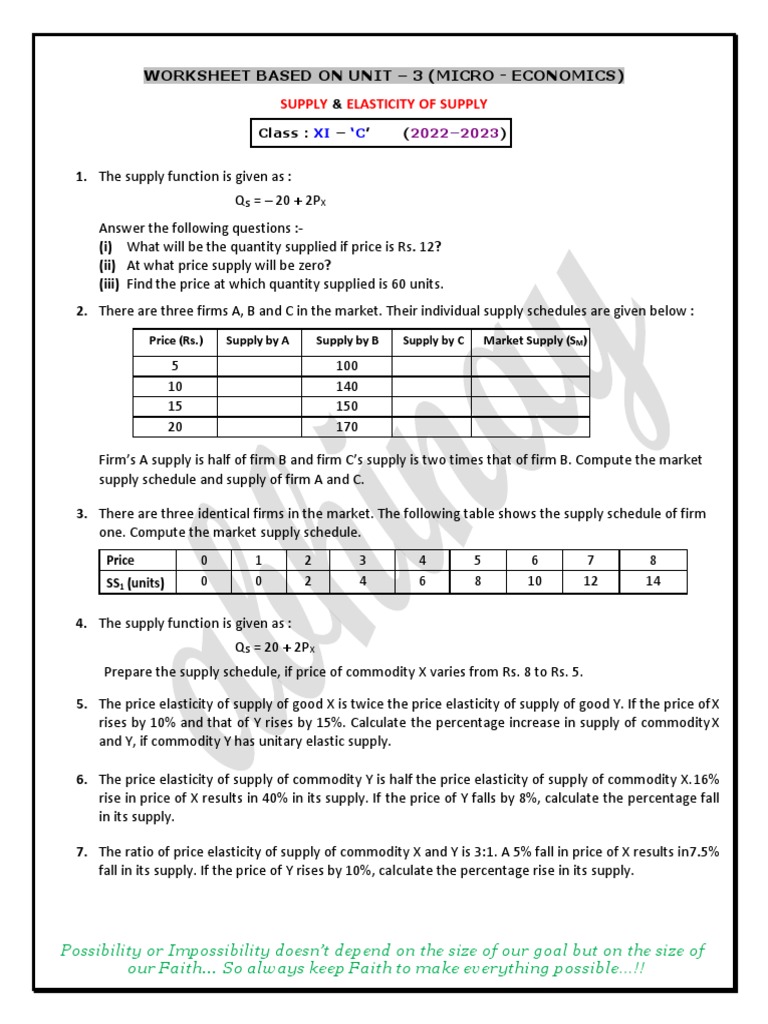 Supply and Elasticity Worksheet Class 11 | PDF | Supply (Economics ...