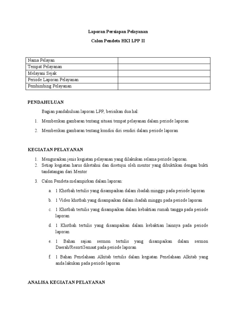 Format Laporan Pelayanan Calon Pendeta HKI LPP II | PDF