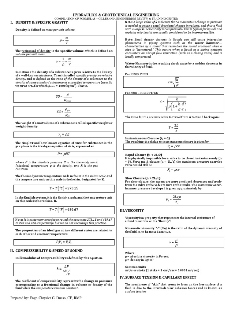 Compilation of Formulas for Hydraulics, Geotechnical Engineering, Surface Tension, Viscosity ...