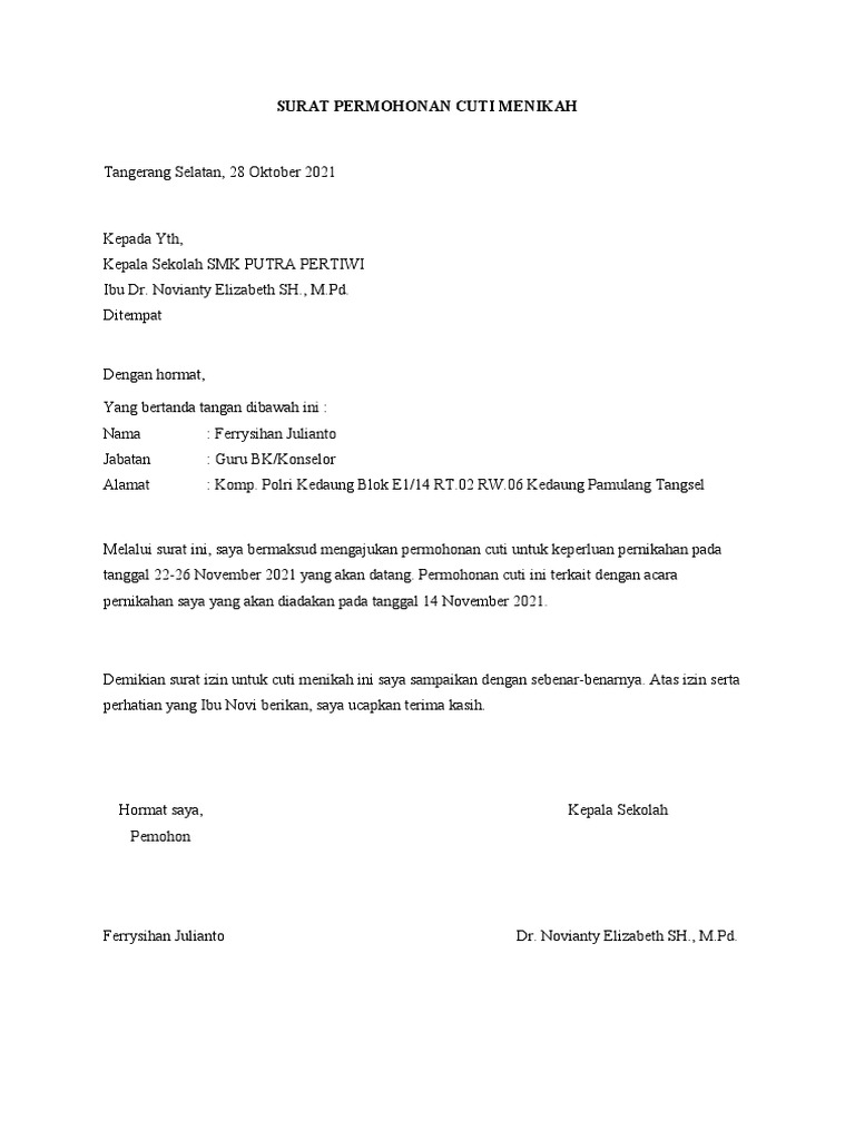 Surat Permohonan Cuti Menikah | PDF