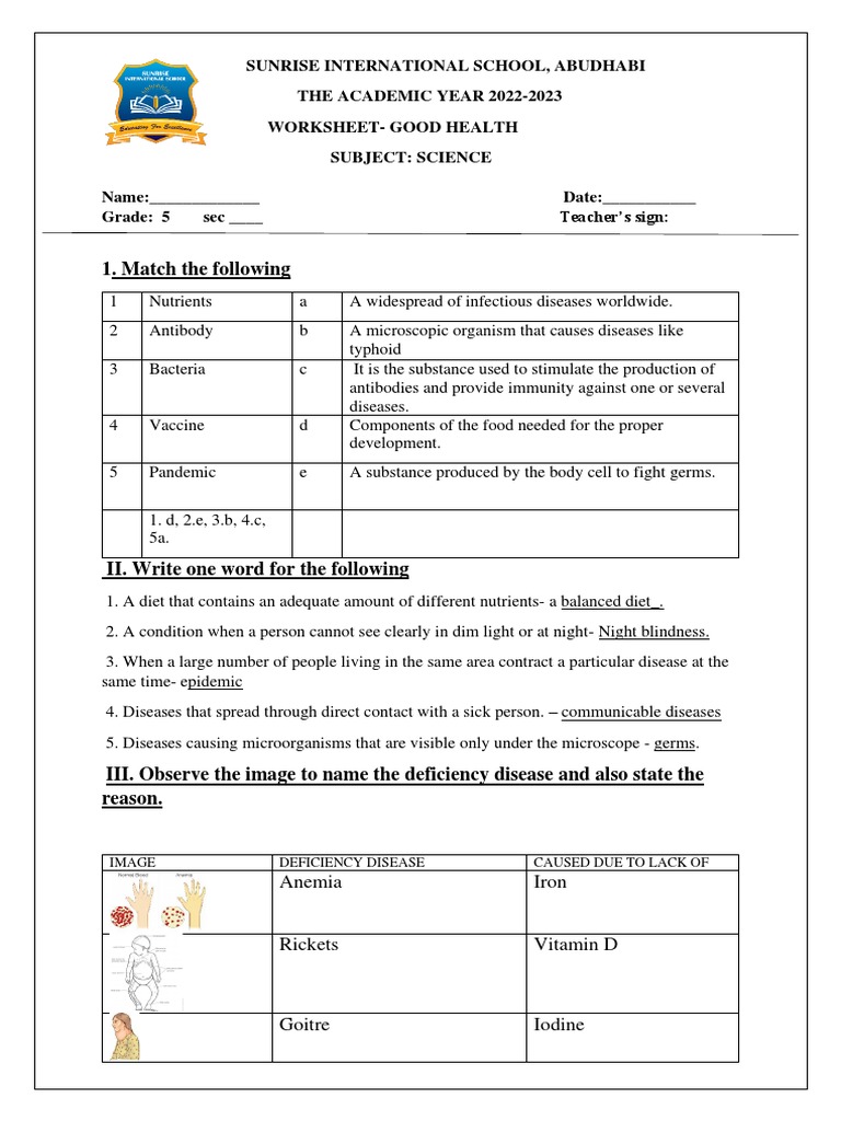 Worksheet - Good Health Answer Key | PDF | Infection | Foods