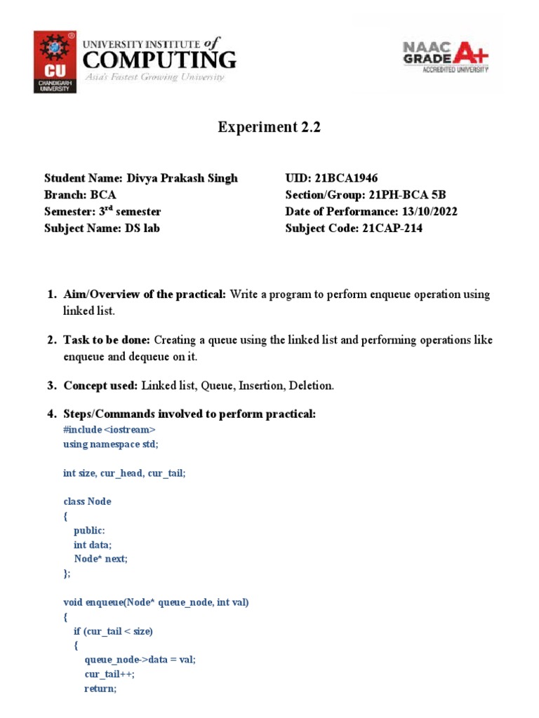 21BCA1946 Worksheet1.6 | PDF | Queue (Abstract Data Type) | Software Development