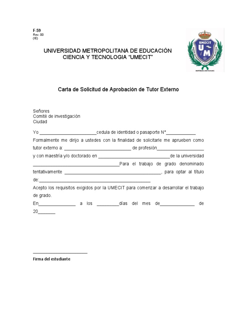 F-59 Carta de Solicitud de Aprobacion Tutor Externo | PDF