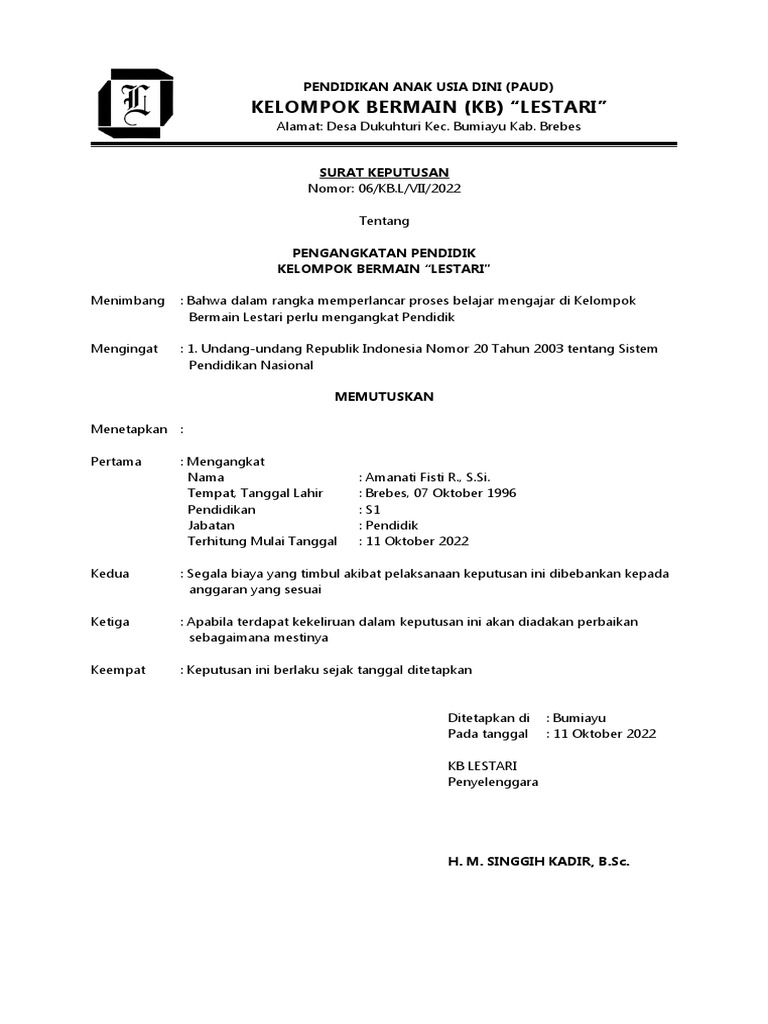 Surat Keputusan - KB | PDF