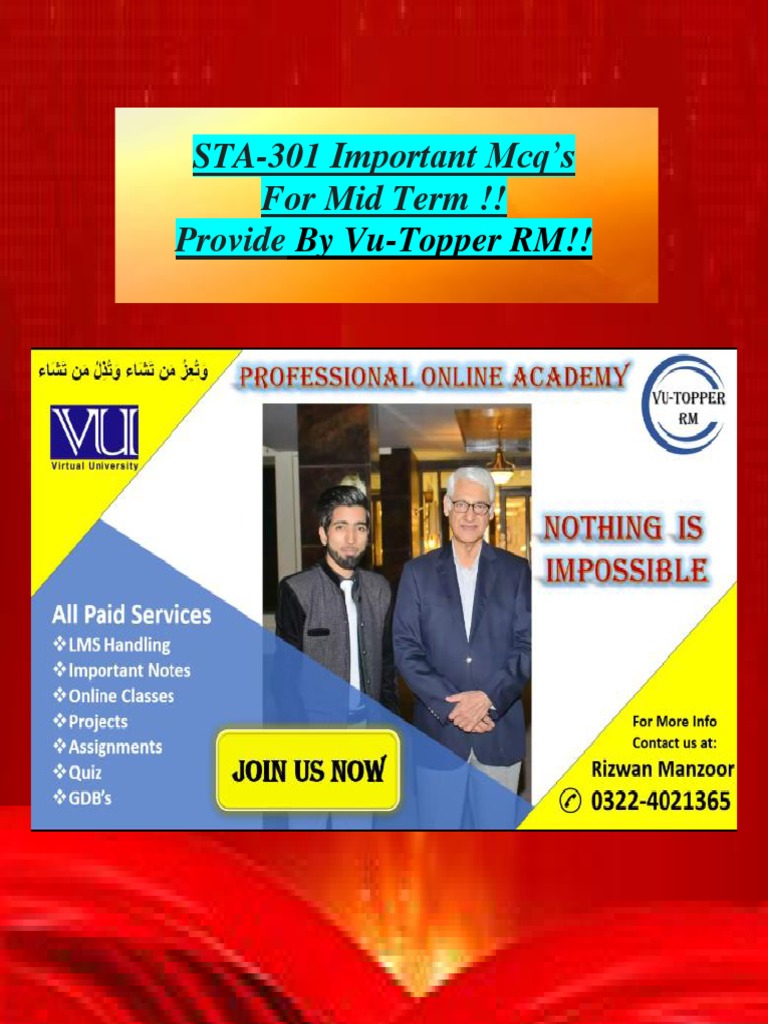 STA301 Quiz-2 File by Vu Topper RM | PDF | Mode (Statistics) | Variance