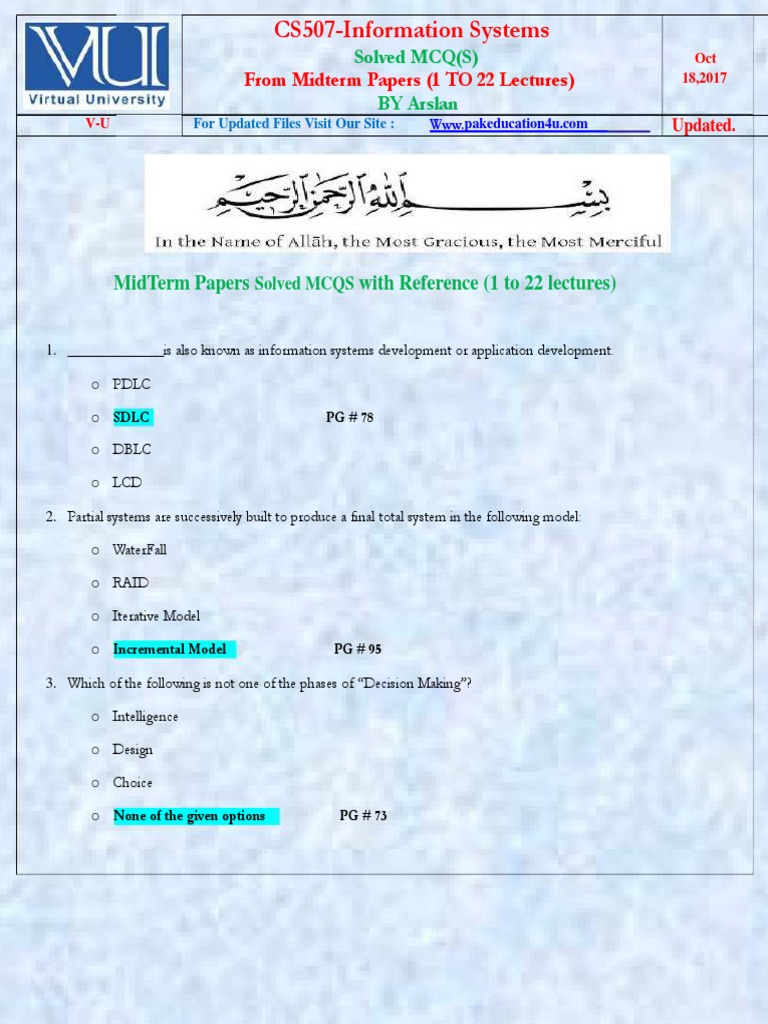 CS507 MidTerm MCQs With Reference Solved by Arslan | PDF | System | Control Theory